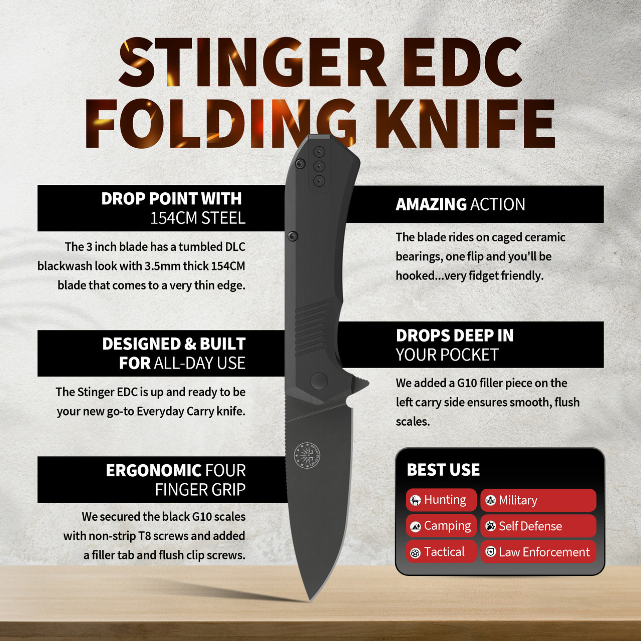 STINGER EDC - Drop Point - Blackout | Off-Grid Knives