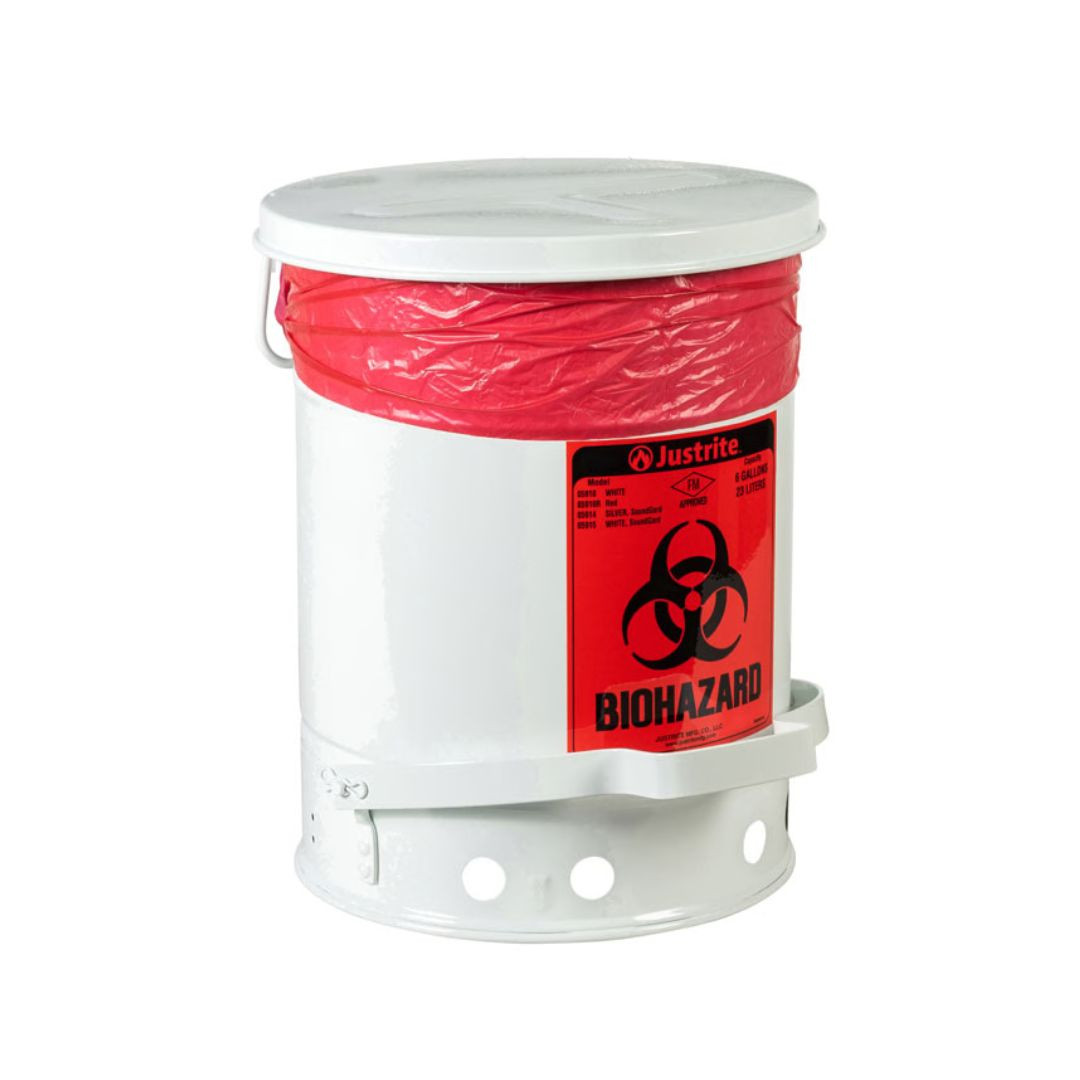 Biohazard Waste Can, Steel, Foot-Operated Self-Closing