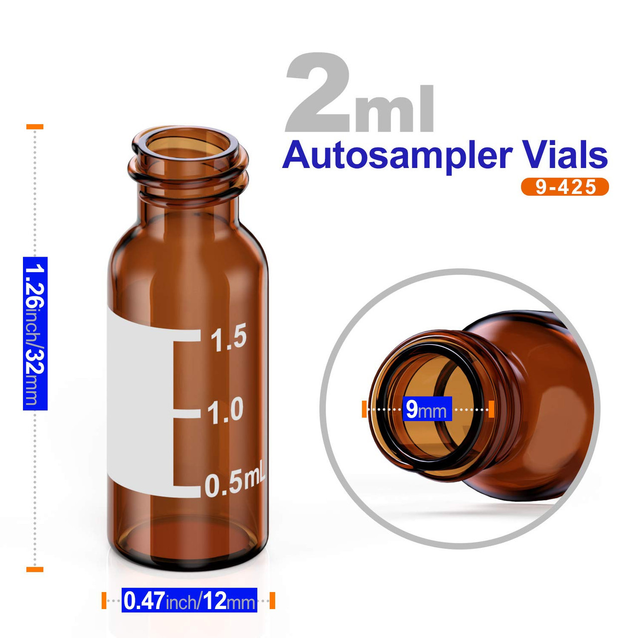HPLC Chromatography Vial, 2mL AMBER Glass vial with Writing Area, Flat ...