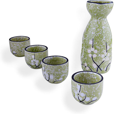 LAKE TIAN CERAMIC TRADITIONAL 5PC GREEN SAKE SET JAPANESE