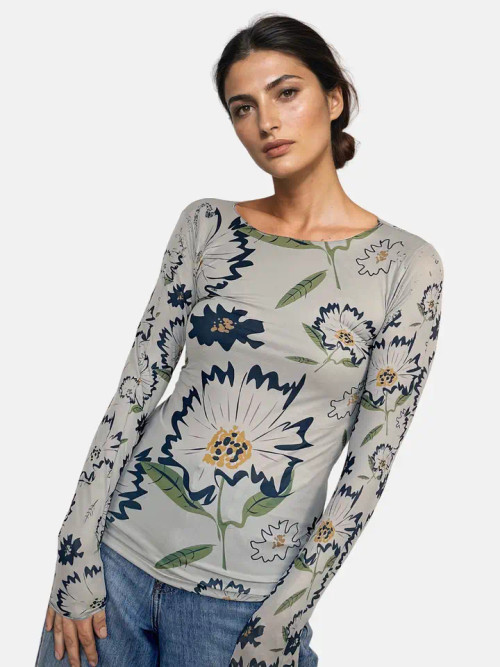 AMB Designs Neutral Grey Daisies Top - New Moon Boutique