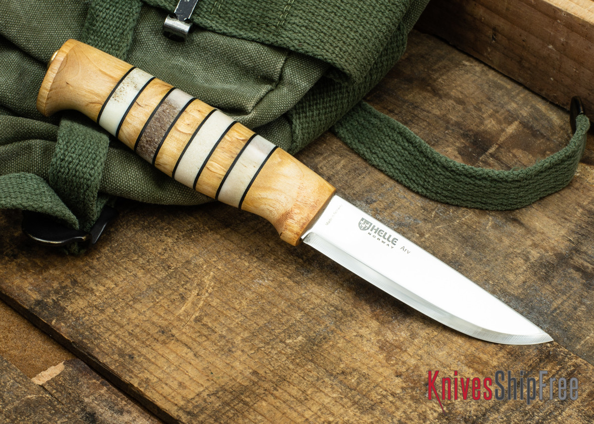 Helle Arv - 3.4" Scandi Knife - Birch / Stacked Leather / Stag Antler ...