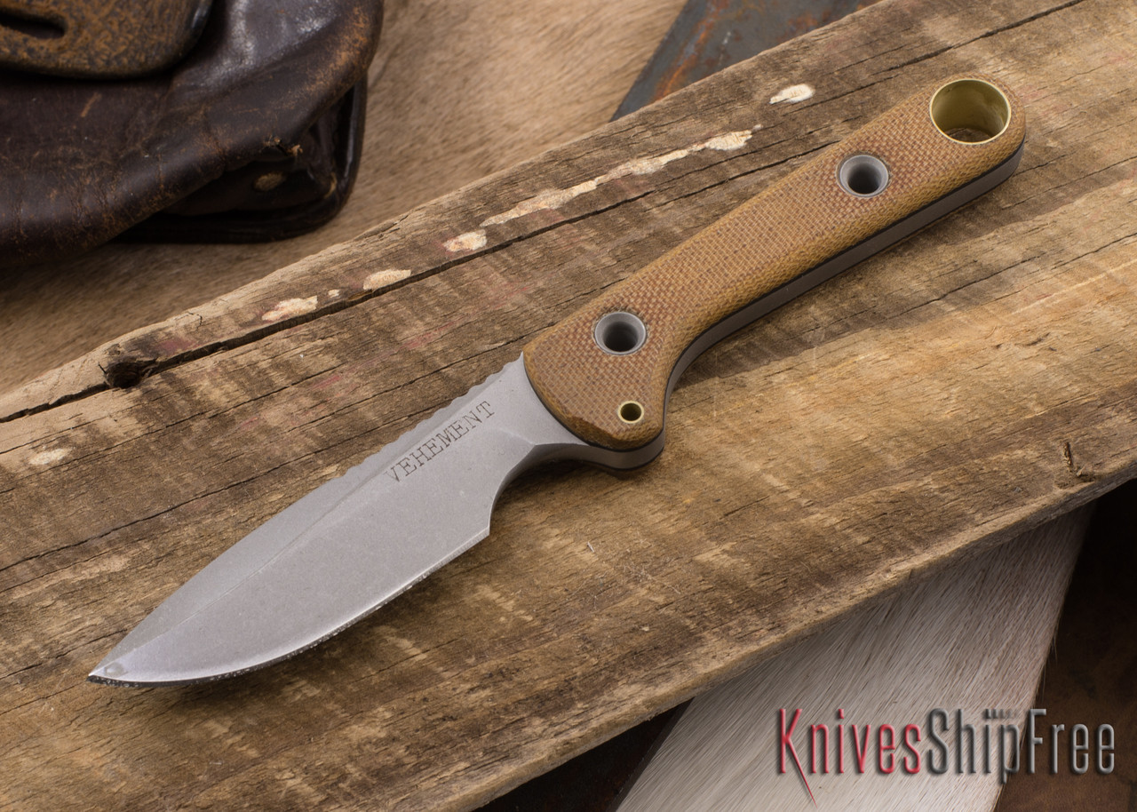 Vehement Knives: Grunt #365 - Natural Micarta - Black Liners - Stonewash