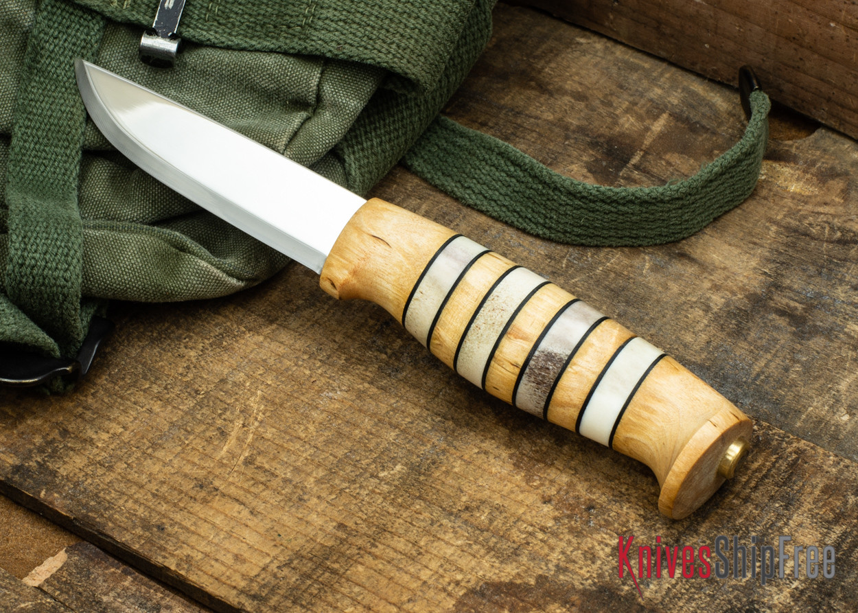 Helle Arv - 3.4" Scandi Knife - Birch / Stacked Leather / Stag Antler 01