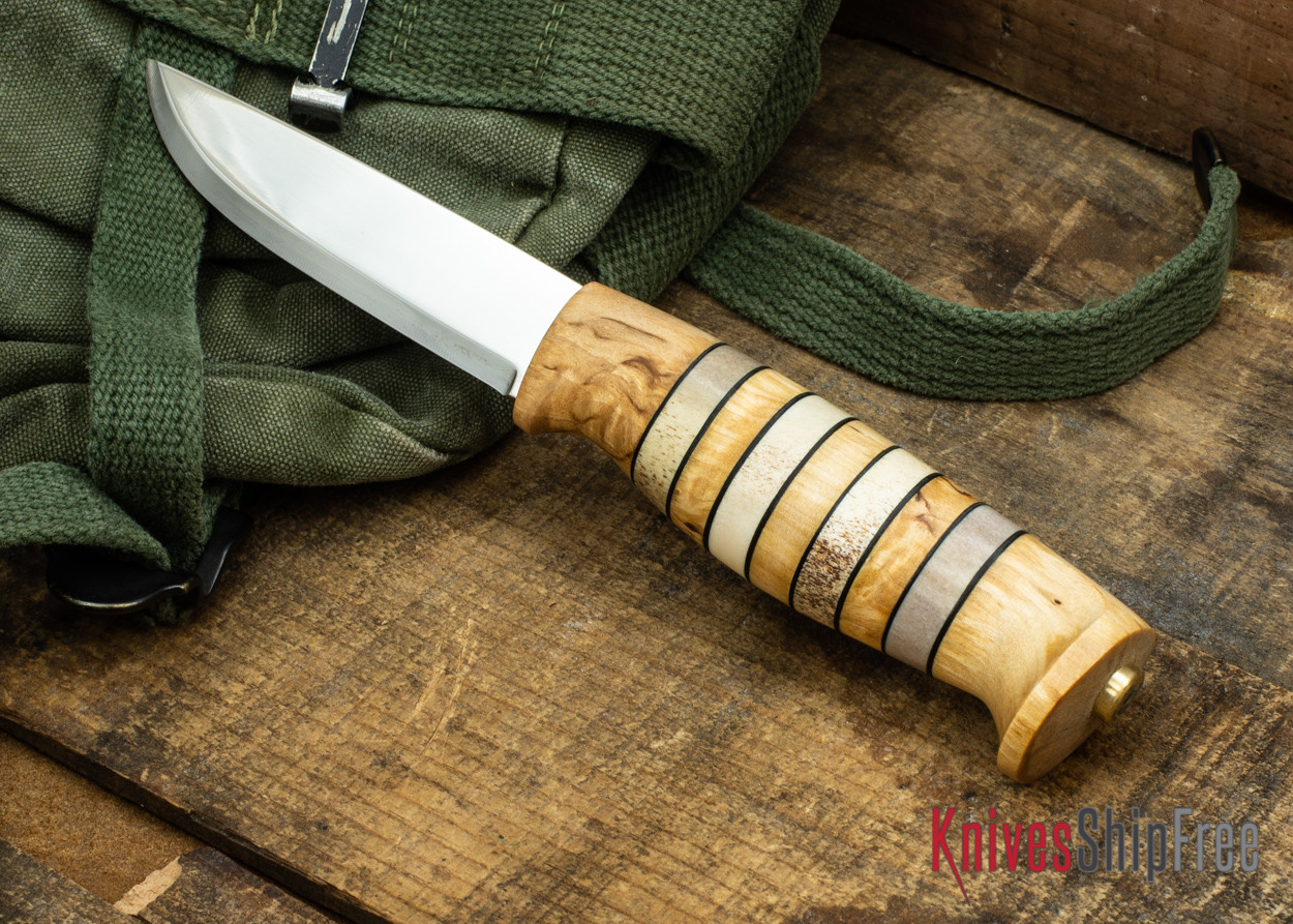Helle Arv - 3.4" Scandi Knife - Birch / Stacked Leather / Stag Antler 02