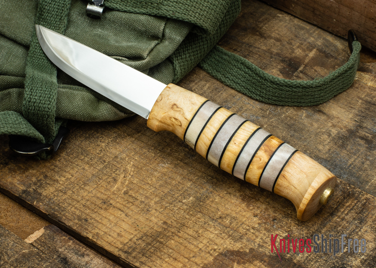 Helle Arv - 3.4" Scandi Knife - Birch / Stacked Leather / Stag Antler 04