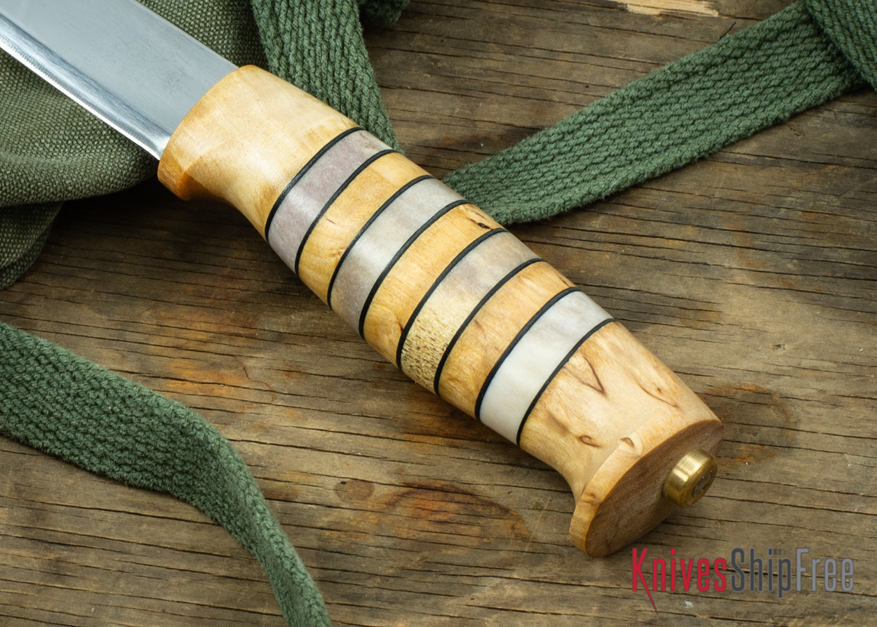 Helle Arv - 3.4" Scandi Knife - Birch / Stacked Leather / Stag Antler 09
