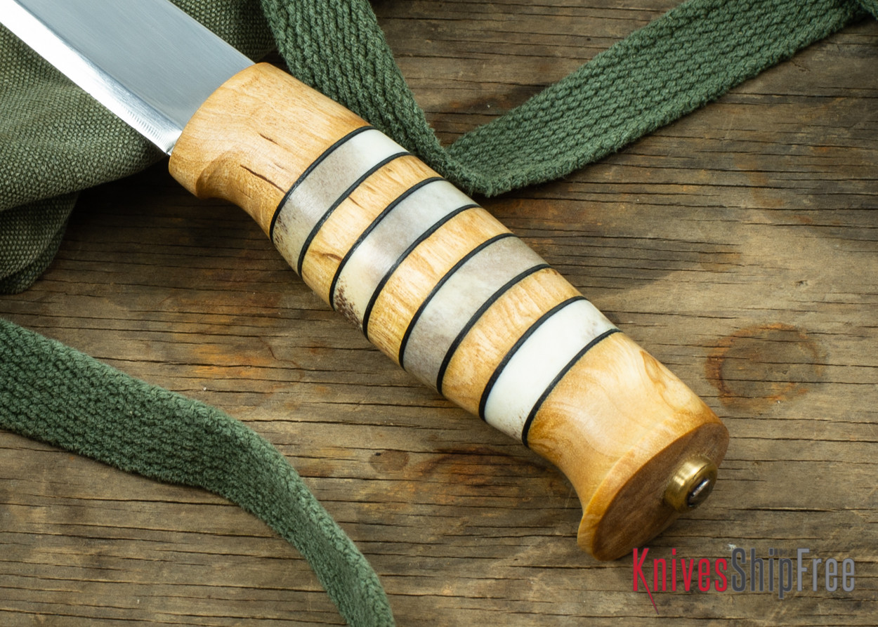 Helle Arv - 3.4" Scandi Knife - Birch / Stacked Leather / Stag Antler 10