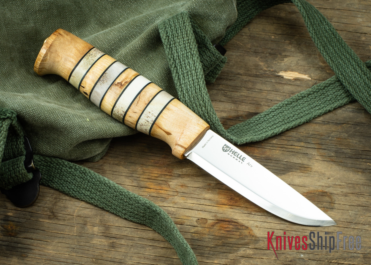 Helle Arv - 3.4" Scandi Knife - Birch / Stacked Leather / Stag Antler 11