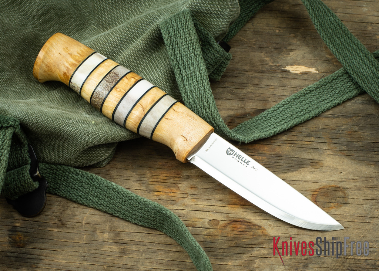 Helle Arv - 3.4" Scandi Knife - Birch / Stacked Leather / Stag Antler 12