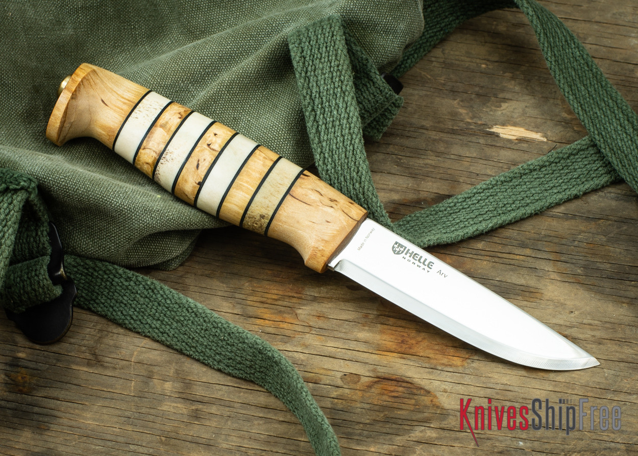 Helle Arv - 3.4" Scandi Knife - Birch / Stacked Leather / Stag Antler 13