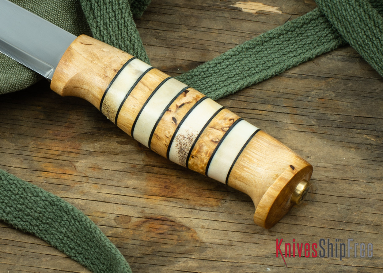 Helle Arv - 3.4" Scandi Knife - Birch / Stacked Leather / Stag Antler 13
