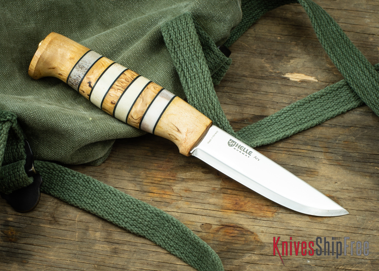 Helle Arv - 3.4" Scandi Knife - Birch / Stacked Leather / Stag Antler 14
