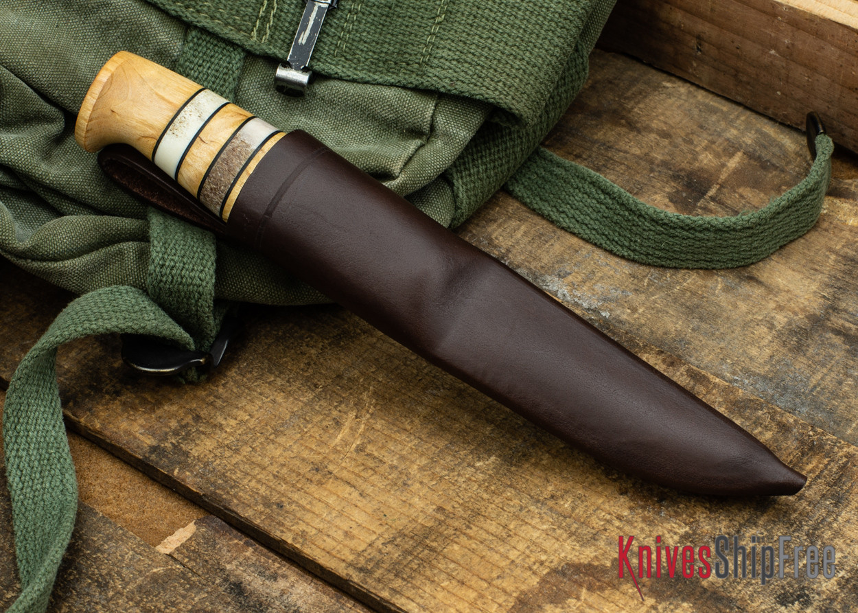 Helle Arv - 3.4" Scandi Knife - Birch / Stacked Leather / Stag Antler 14