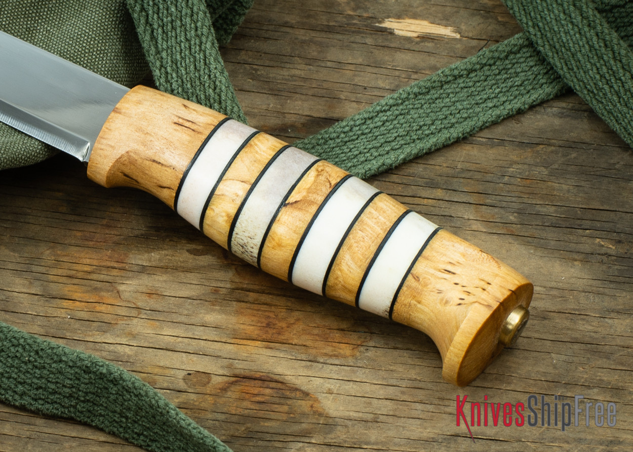 Helle Arv - 3.4" Scandi Knife - Birch / Stacked Leather / Stag Antler 15
