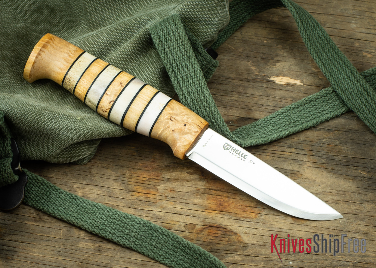 Helle Arv - 3.4" Scandi Knife - Birch / Stacked Leather / Stag Antler 20