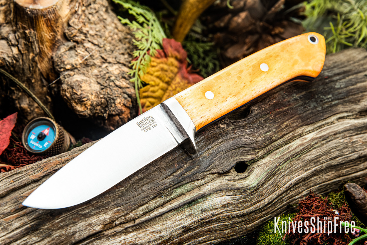 Bark River Knives: Bobcat Hunter - CPM 154 - Orange Camel Bone - Blue Liner