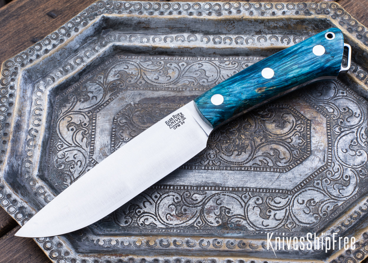 Bark River Knives: Fox River II LT - CPM 3V - Teal & Turquoise Maple Burl