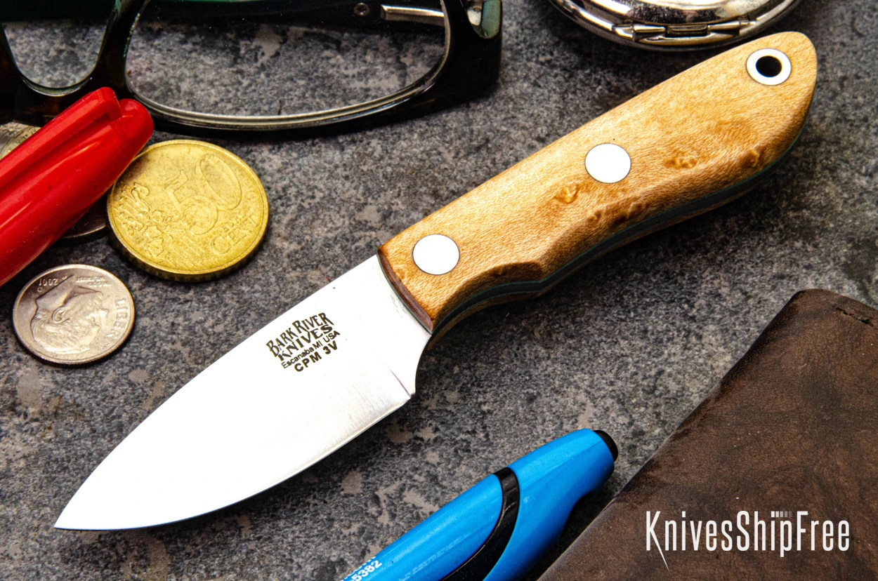 Bark River Knives: PSK - CPM 3V - Birdseye Maple - Sea Blue Liners