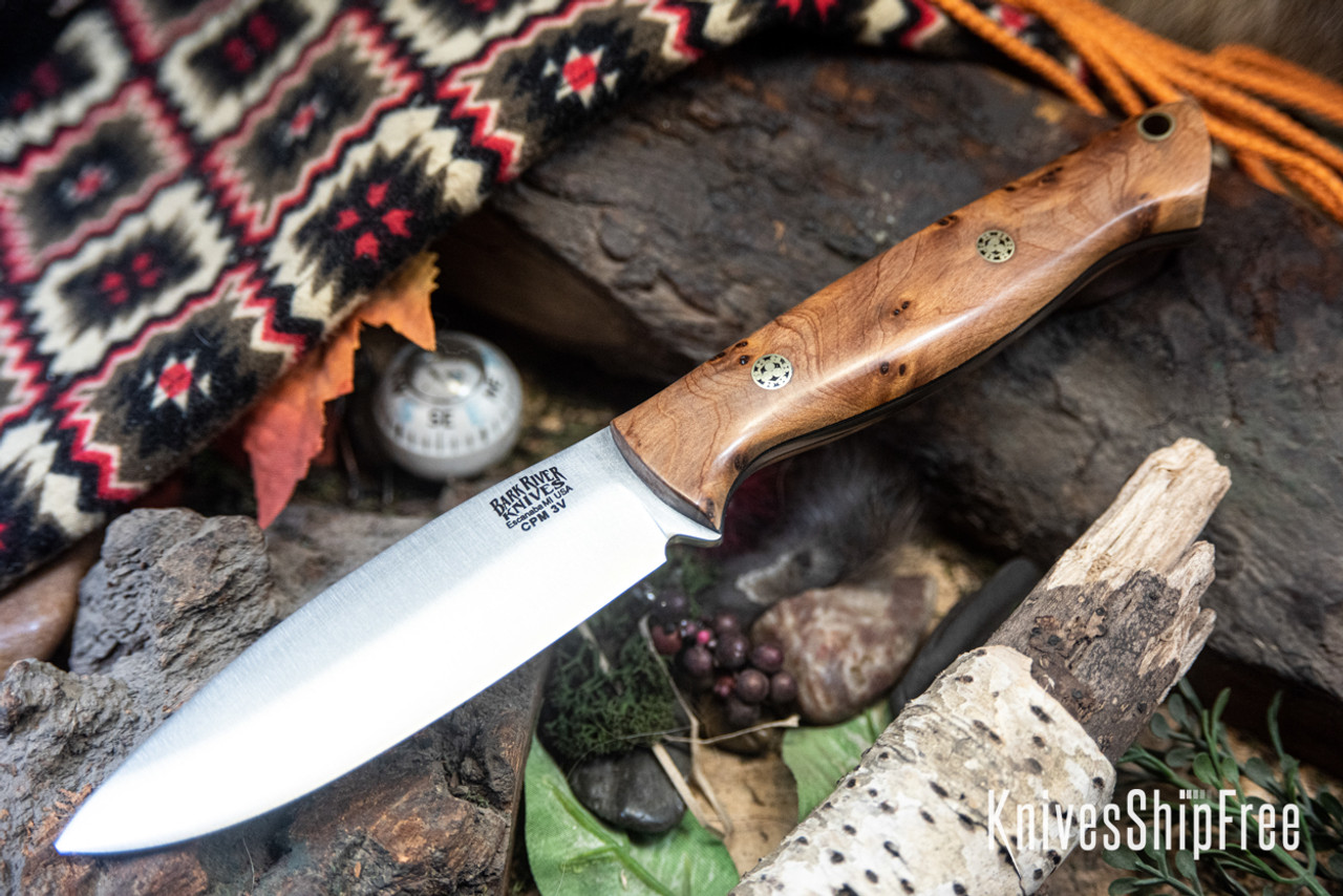 Bark River Knives: UP Gunny 3V - Thuya Burl - Black Liners - Mosaic Pins