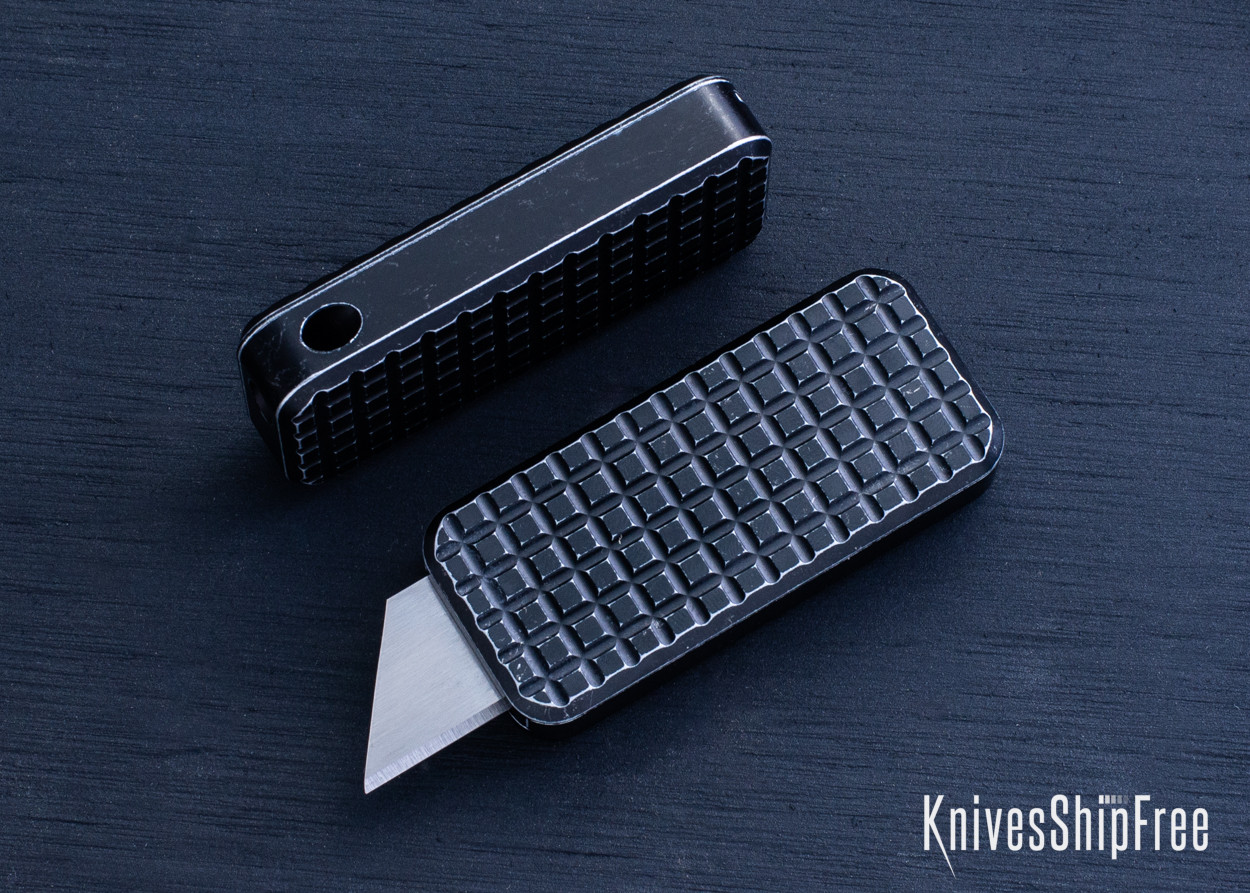 Rivery MFG: Zero Worn Grenade Pattern - Manual OTF Utility Knife - Black Aluminum with Lanyard Hole