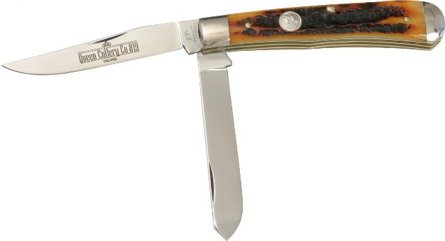Queen Cutlery: #19 - Premium Trapper - Amber Carved Stag Bone - 19ACSB