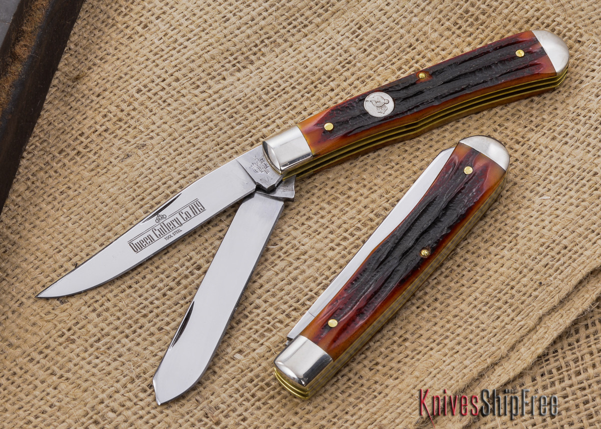 Queen Cutlery: #19 - Premium Trapper - Amber Carved Stag Bone - 19ACSB