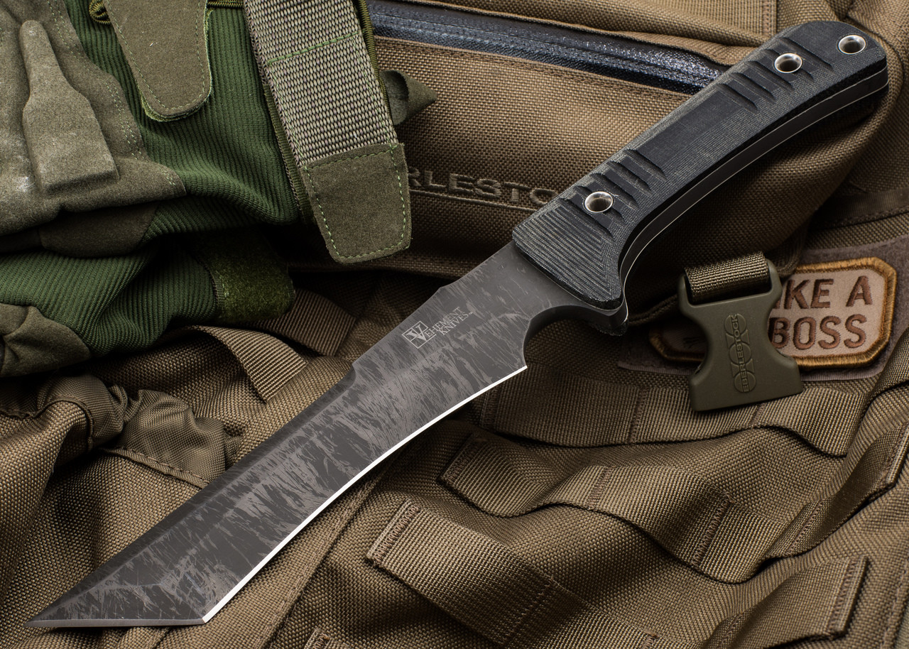 Vehement Knives: Vehement - Black Canvas Micarta - White Liners - #22
