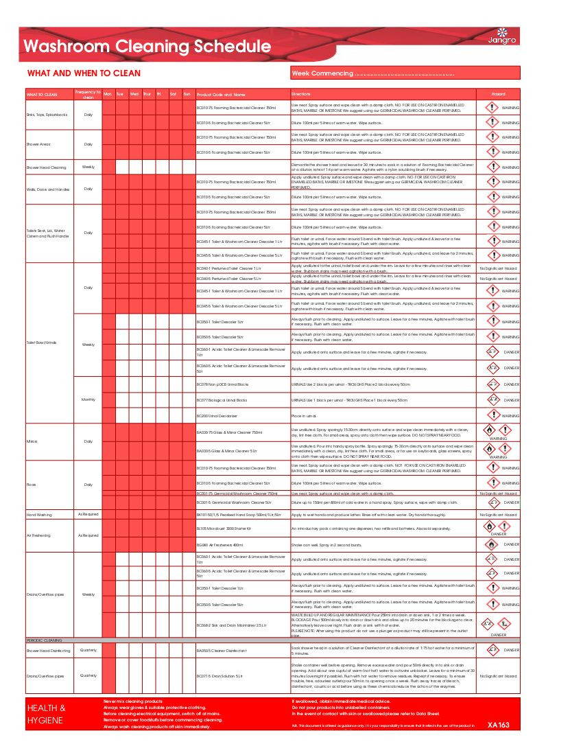 Washroom Cleaning Chart A3 - PPS LTD