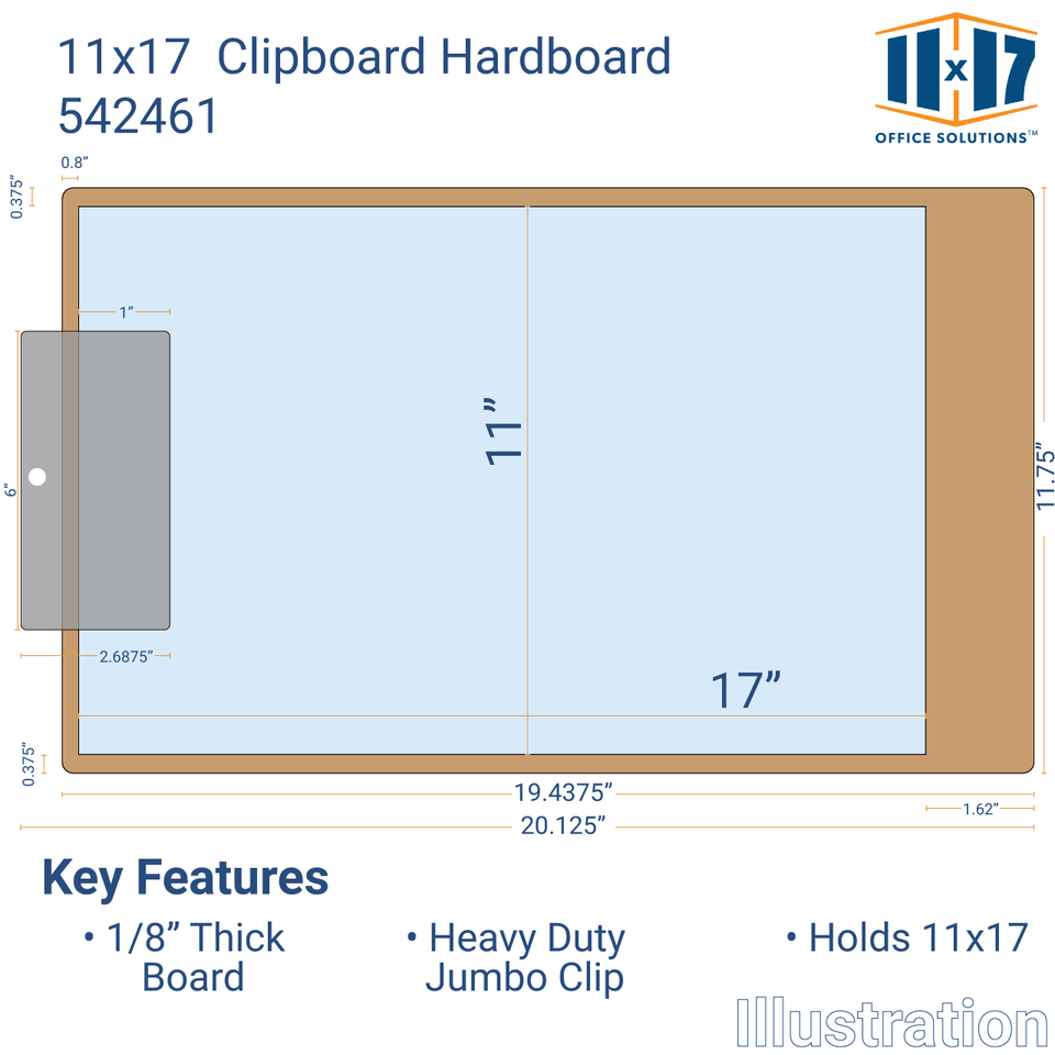 11x17 Clipboard Hardboard Panel Featuring a Jumbo Board Clip Brown