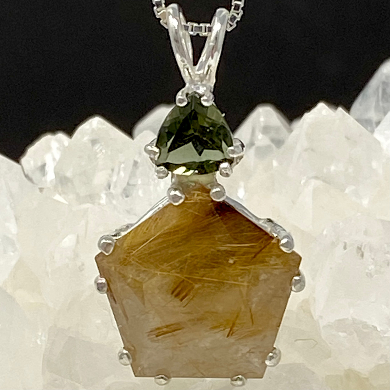 Rutilated Quartz Star of Venus™ Crowned with Moldavite Trillioni