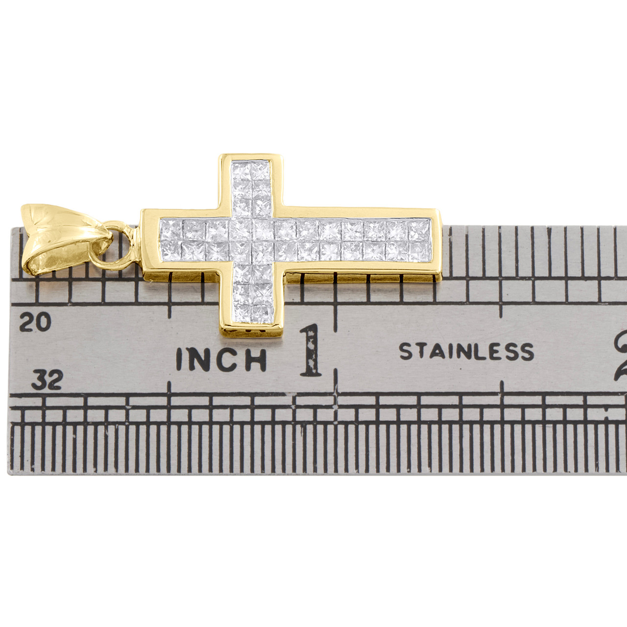 14K Yellow Gold Princess Cut Invisible Diamond Cross Pendant 1.30 ...