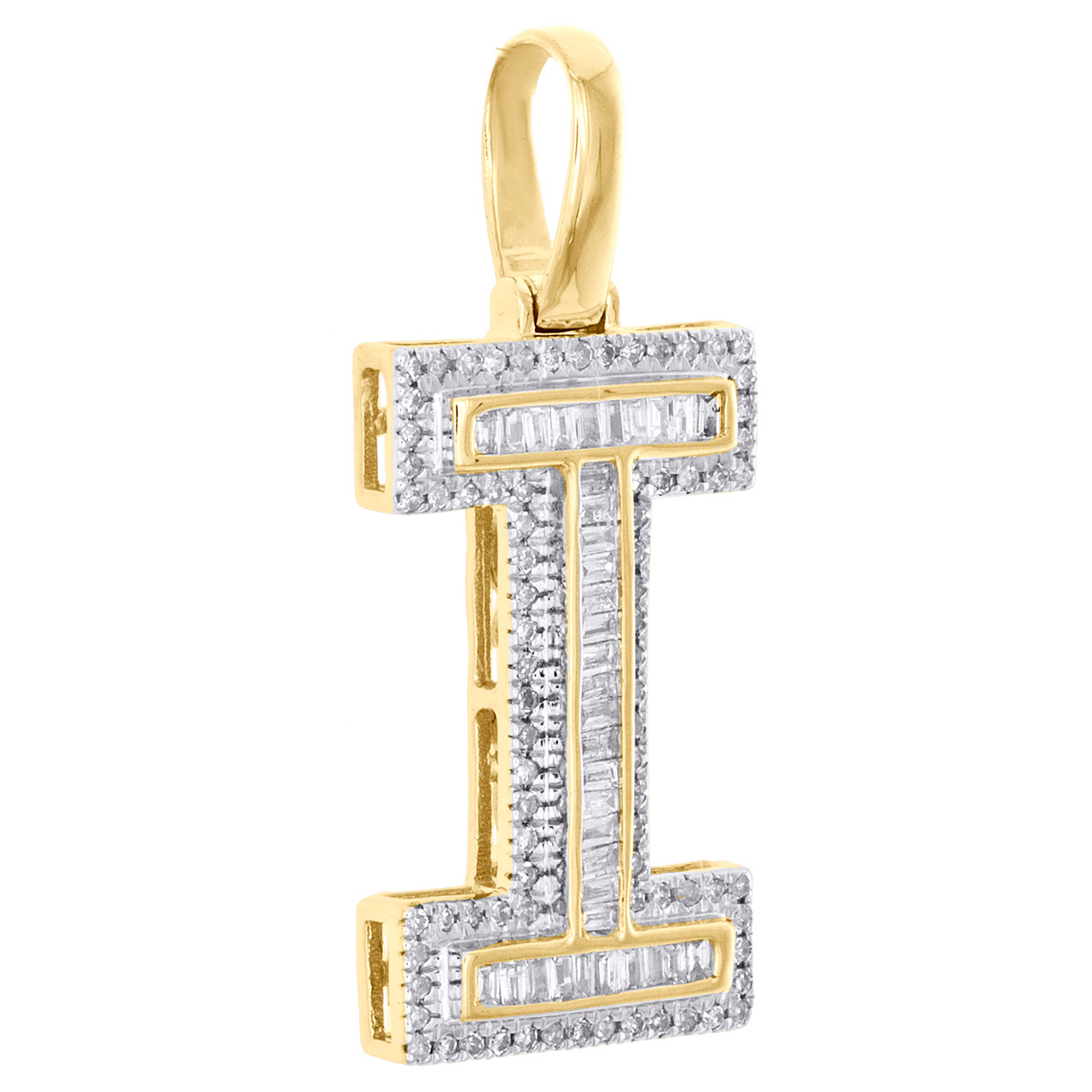 10K Yellow Gold Baguette Diamond Letter I Mini Pendant 1.2" Initial ...
