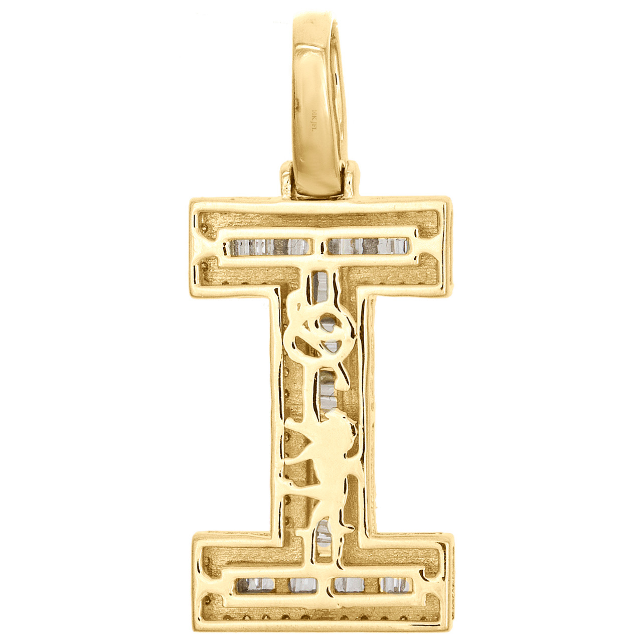 10K Yellow Gold Baguette Diamond Letter I Mini Pendant 1.2" Initial ...