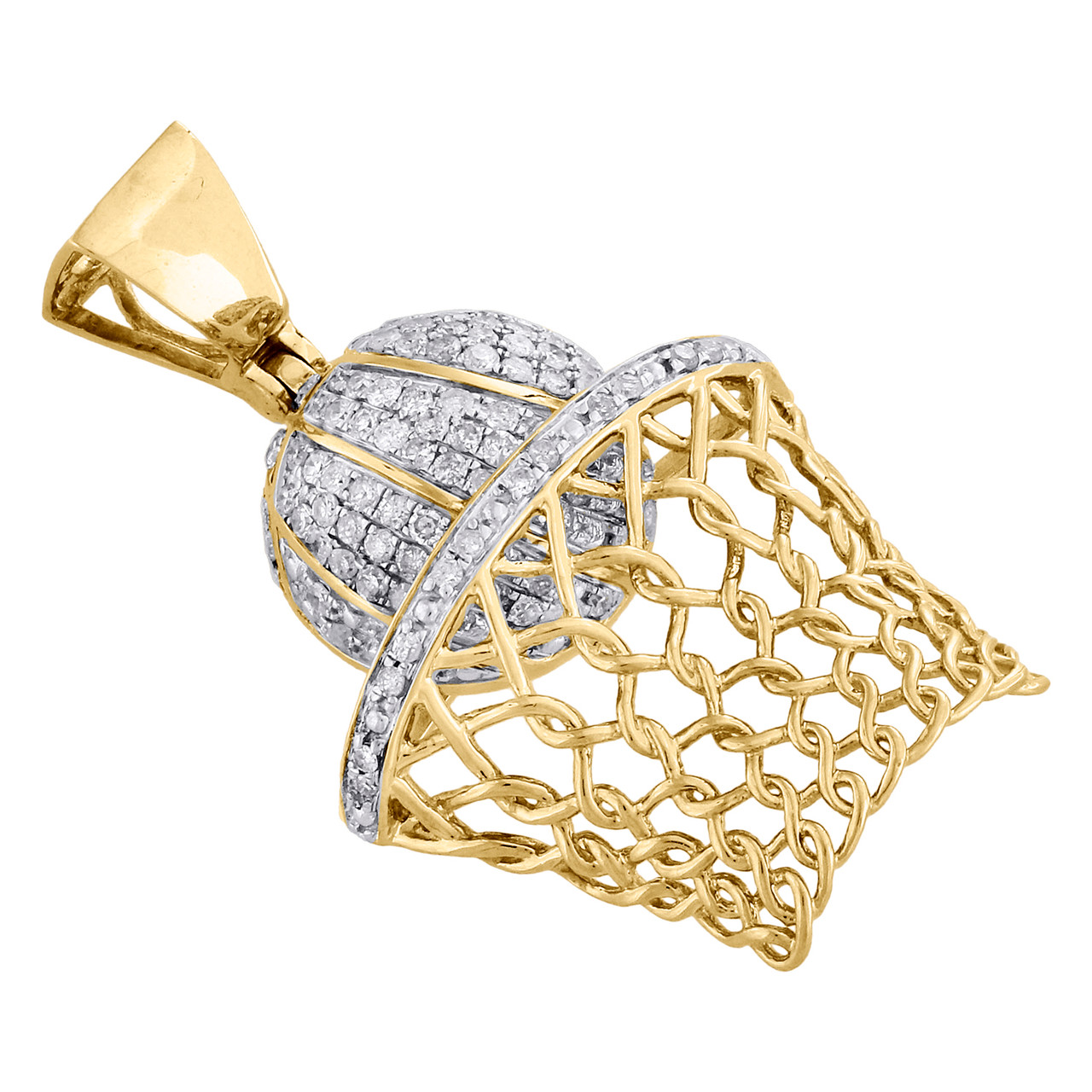 10K Yellow Gold Diamond Basketball Pendant Ball & Hoop Charm 1.55" Long ...