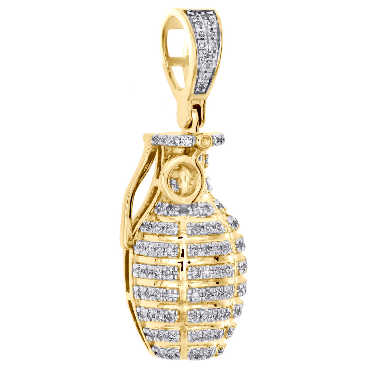 10K Yellow Gold Diamond Military Hand Grenade Pendant 1.20" Pave Charm ...