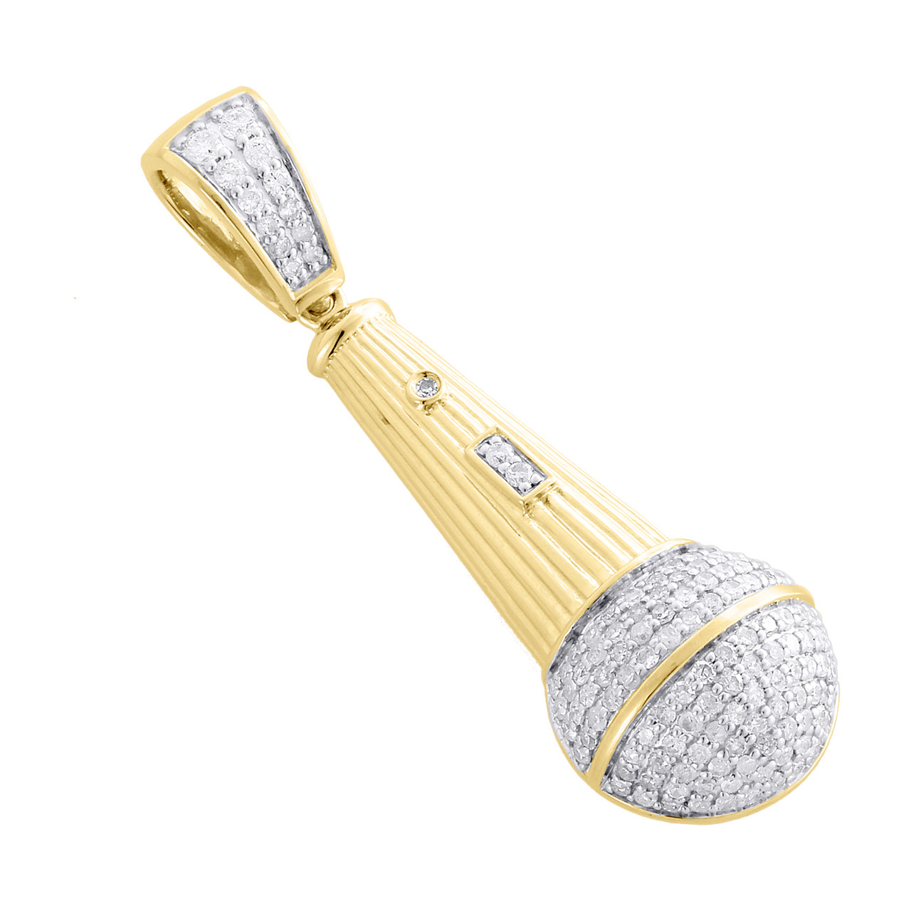10K Yellow Gold Real Diamond Microphone Mic Pendant 1.70" Pave Charm 0. ...