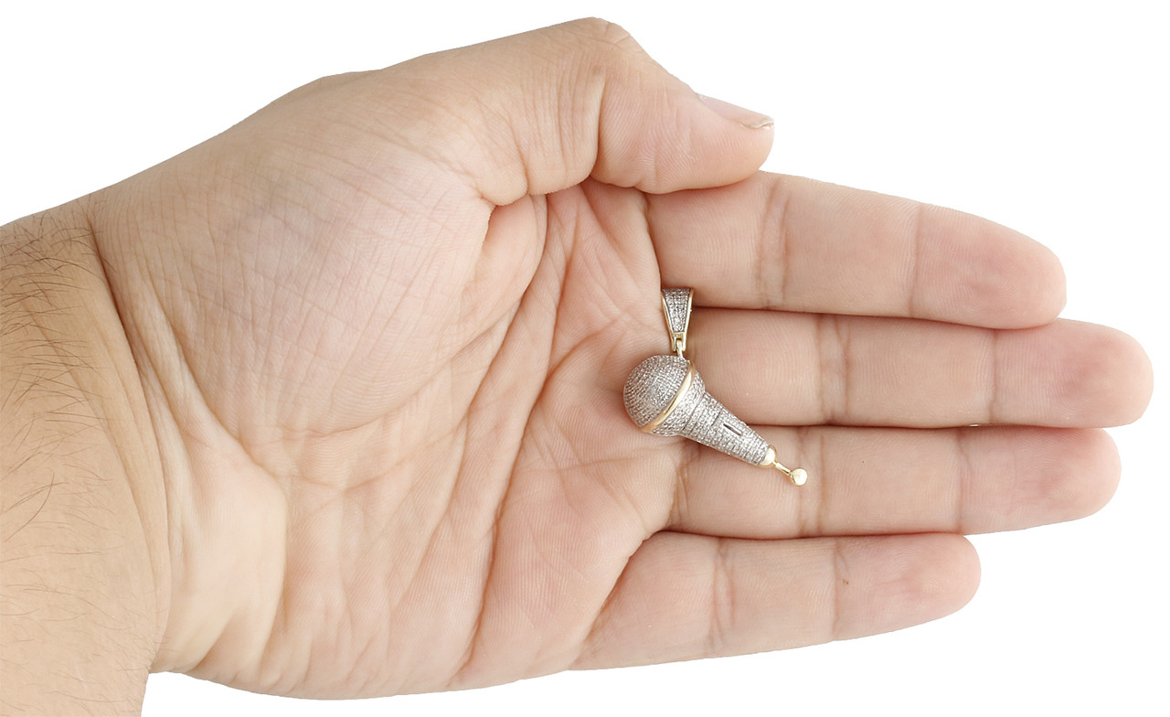 10K Yellow Gold Diamond Microphone Mic Drop Pendant 1.1" Pave Charm 0. ...