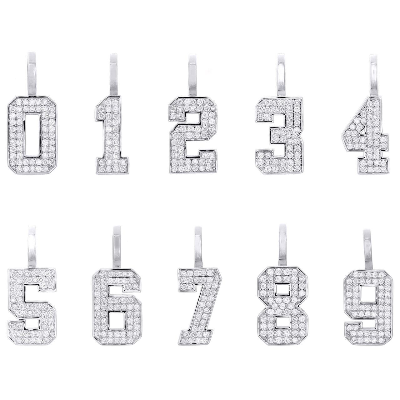 10K White Gold Round Diamond Number Pendant 1" Block Font Charm 3/8 CT ...
