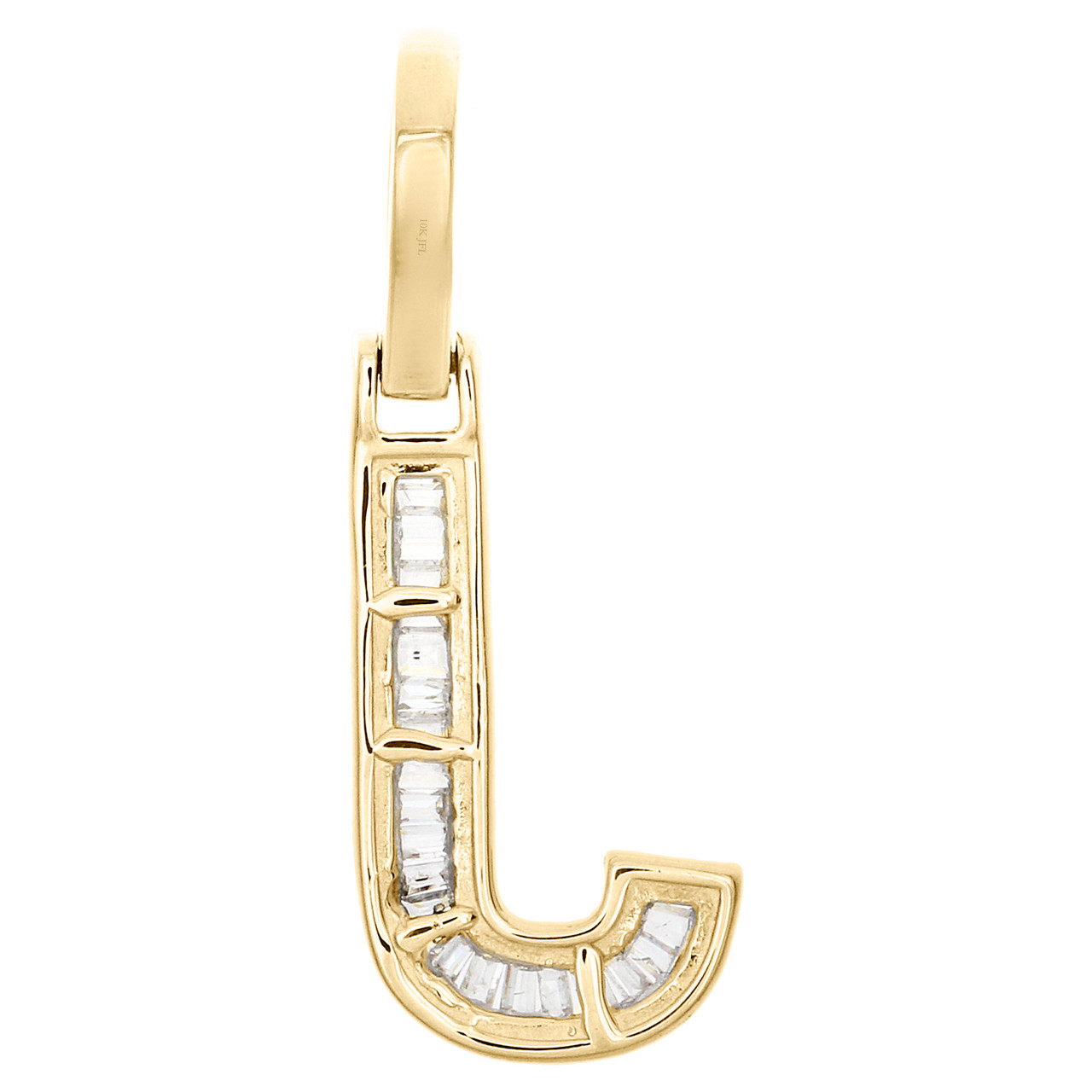 10K Yellow Gold Baguette Diamond Letter J Mini Pendant 1" Initial Charm ...