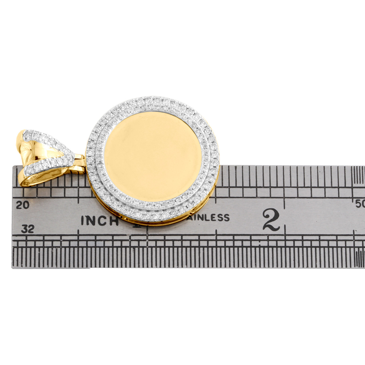 10K Yellow Gold Round Diamond Memory Picture Frame Pendant 1.50" Pave ...