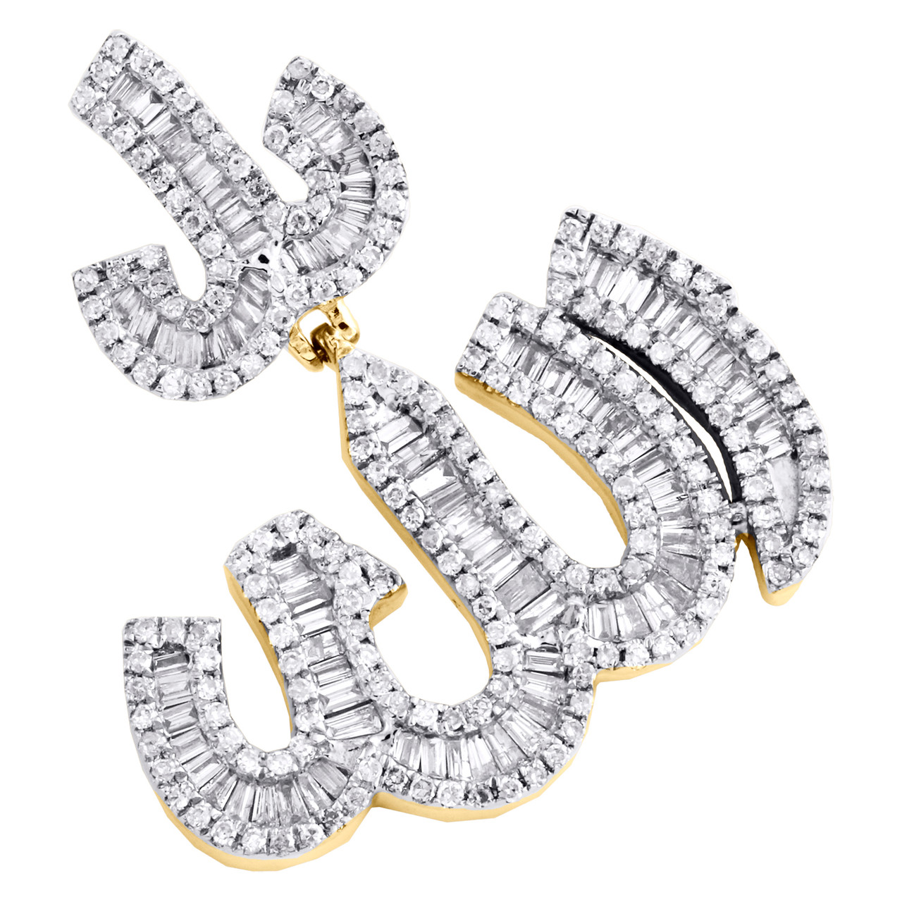 10K Yellow Gold Baguette Diamond Allah Islam Arabic Pendant 1.15" Charm ...