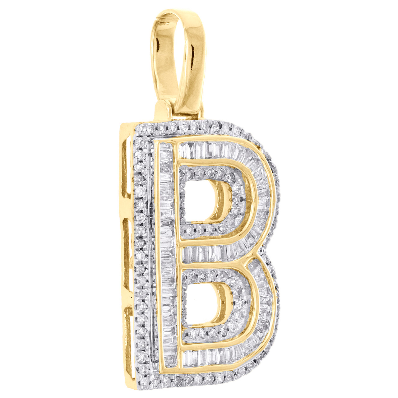 10K Yellow Gold Baguette Diamond Letter B Pendant 1.20" Initial Charm 0 ...