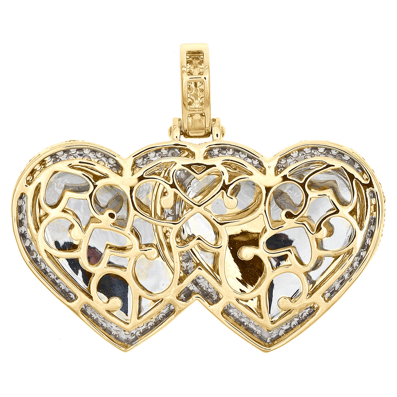 10K Yellow Gold Diamond Double Heart Memory Picture Frame 1.40" Pendant ...
