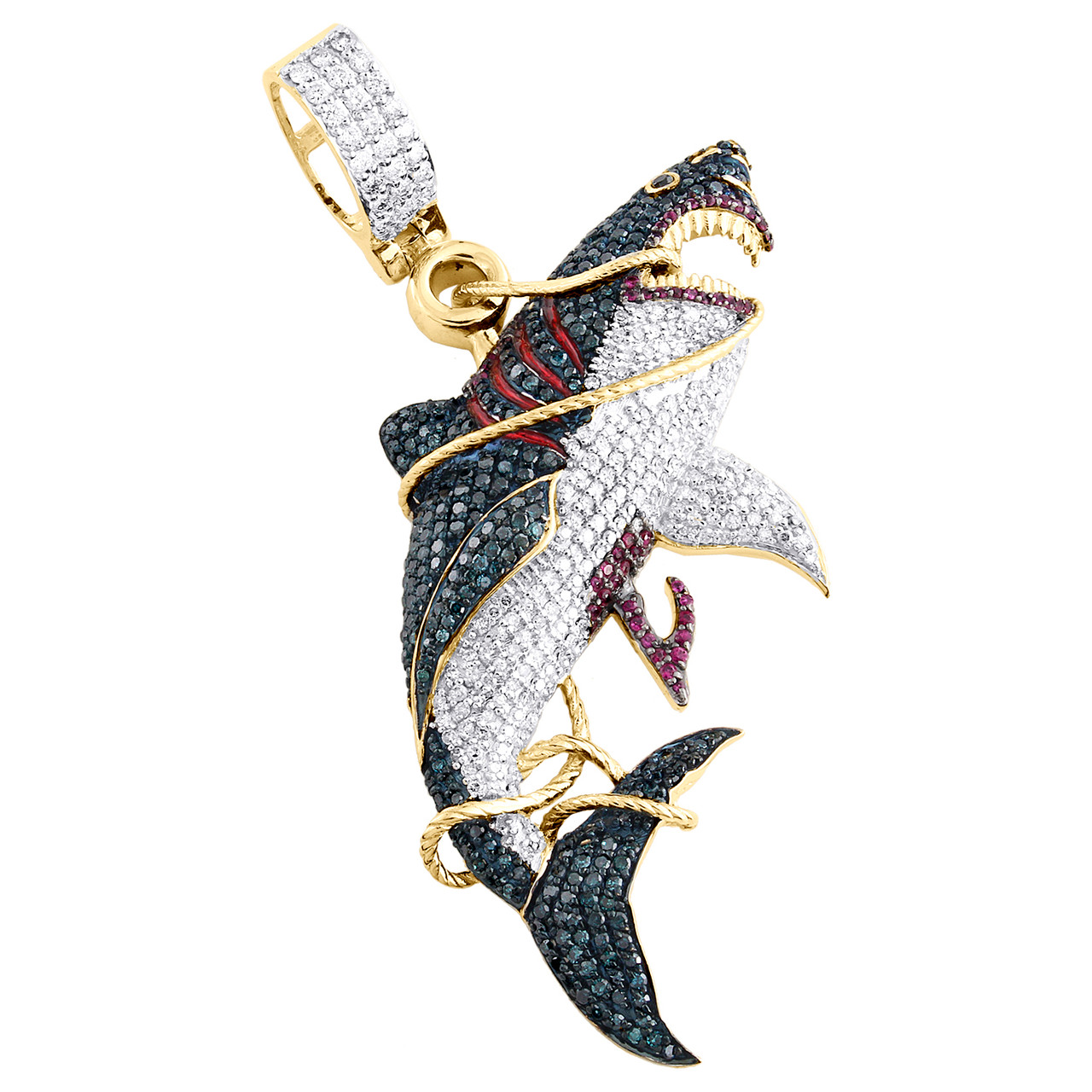 14K Yellow Gold Round Ruby & Diamond Shark Statement Pendant 2.75 ...