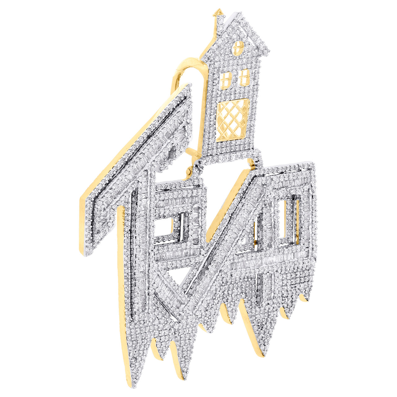 10K Yellow Gold Baguette Diamond Trap House Statement Pendant 2.20 ...