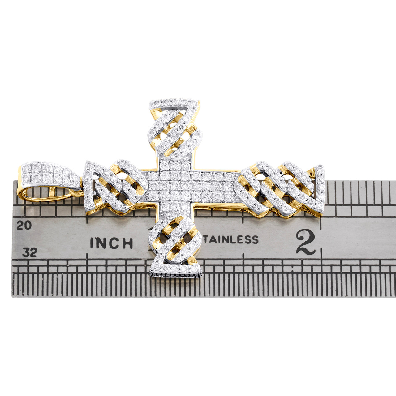 10K Yellow Gold Round Diamond Fancy Cuban Link Cross Pendant 2" Charm 1 ...