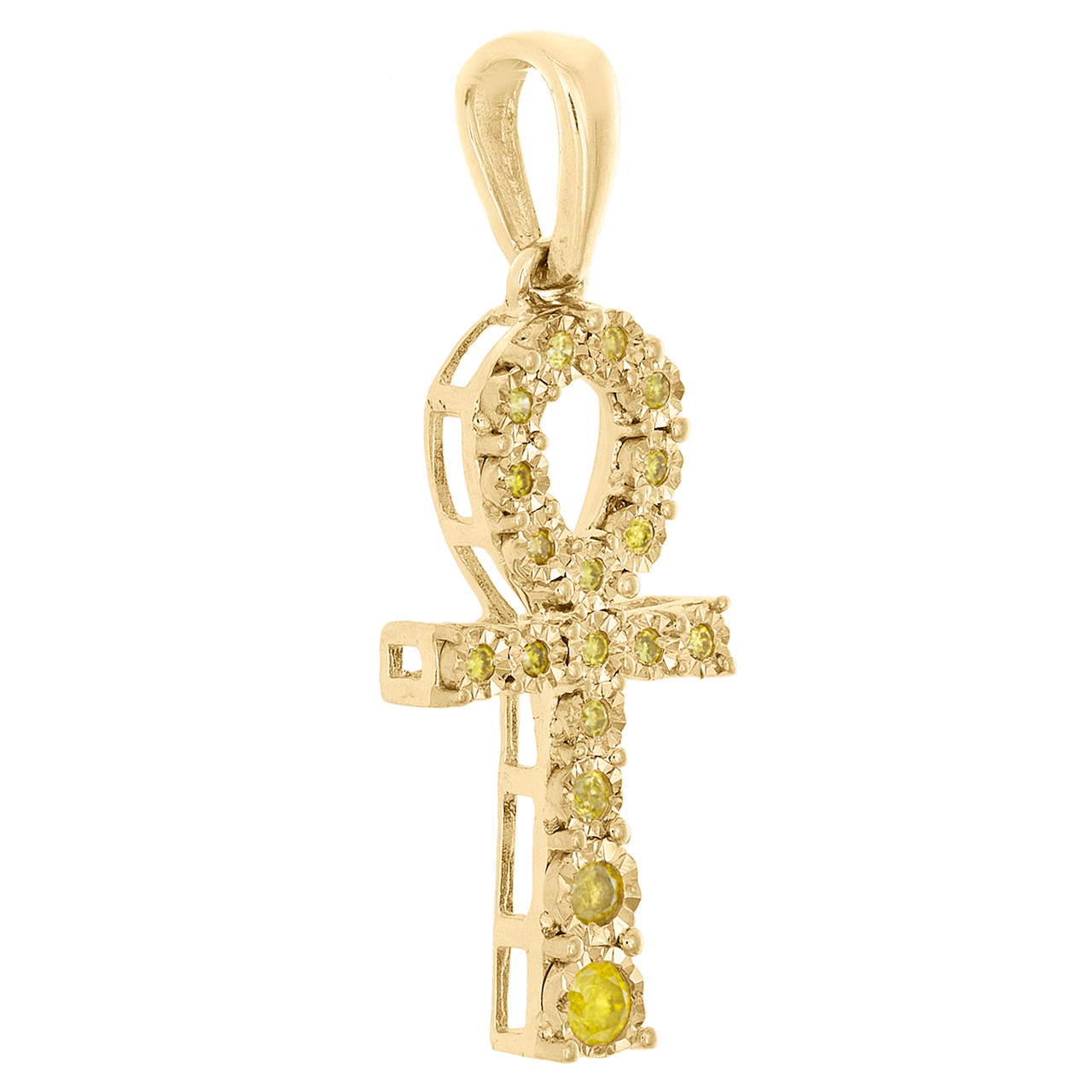 10K Yellow Gold Yellow Diamond Ankh Cross Pendant Prong Set 1.15" Charm ...