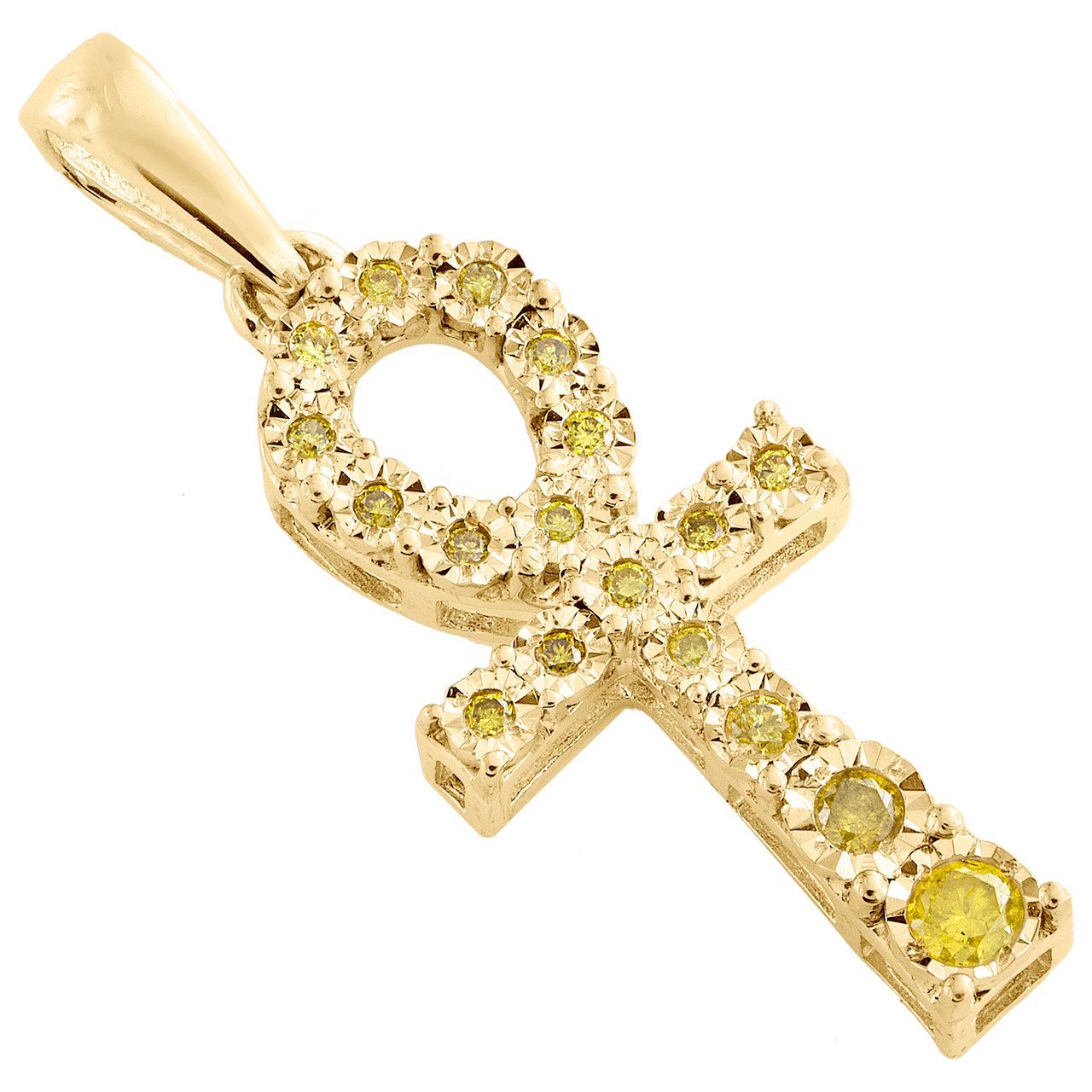 10K Yellow Gold Yellow Diamond Ankh Cross Pendant Prong Set 1.15" Charm ...