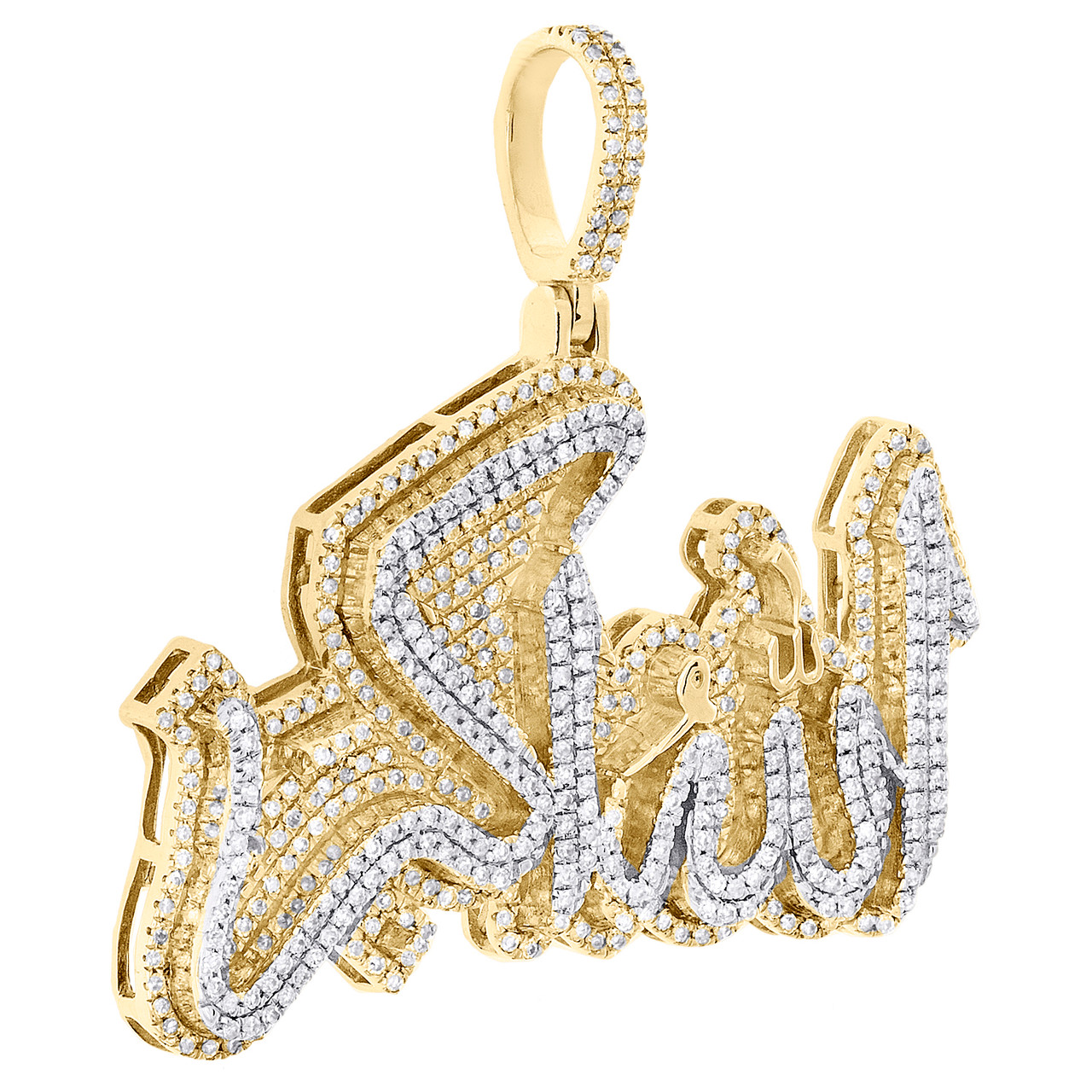 10K Yellow Gold Round Diamond Allah Akbar Pendant 1.5" Islamic Arabic ...
